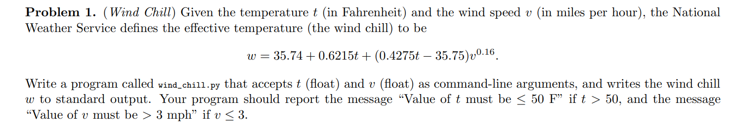Solved Problem 1. (Wind Chill) Given the temperature t (in | Chegg.com