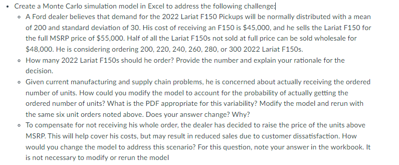 Solved - Create a Monte Carlo simulation model in Excel to | Chegg.com