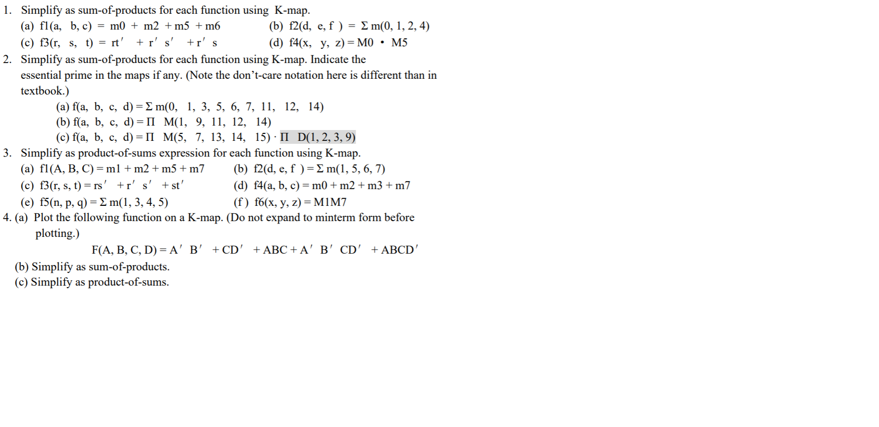 Solved 1 Simplify As Sum Of Products For Each Function