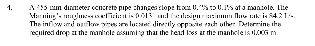 Solved A 455-mm-diameter concrete pipe changes slope from | Chegg.com