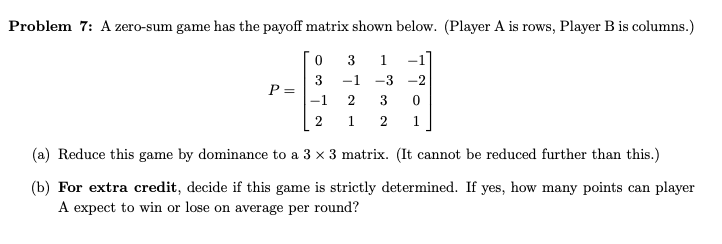 Solved Problem 7: A zero-sum game has the payoff matrix | Chegg.com