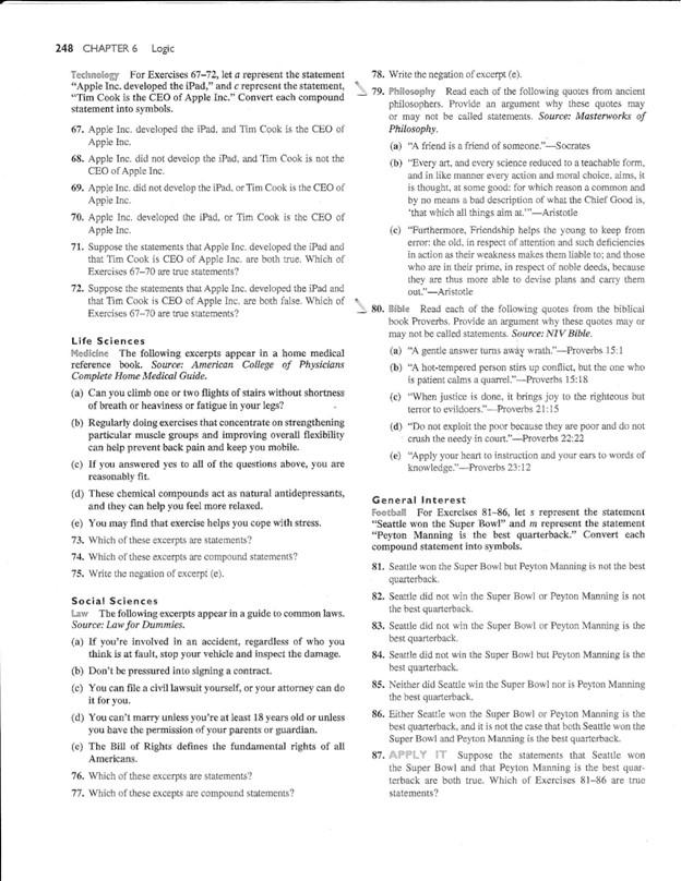 Solved 248 CHAPTER 6 Logic Technology For Exercises 67-72, | Chegg.com