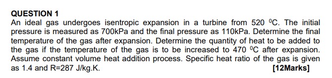 Solved QUESTION 1 An ideal gas undergoes isentropic | Chegg.com
