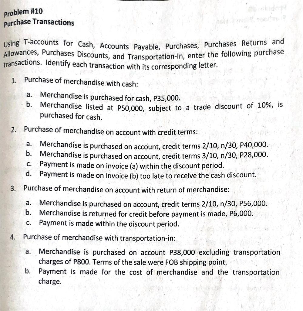 Solved Problem #10 purchase Transactions a. a. Using | Chegg.com