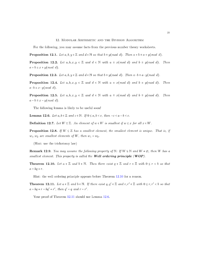 Solved 21 12. MODULAR ARITHMETIC AND THE DIVISION ALGORITHM | Chegg.com
