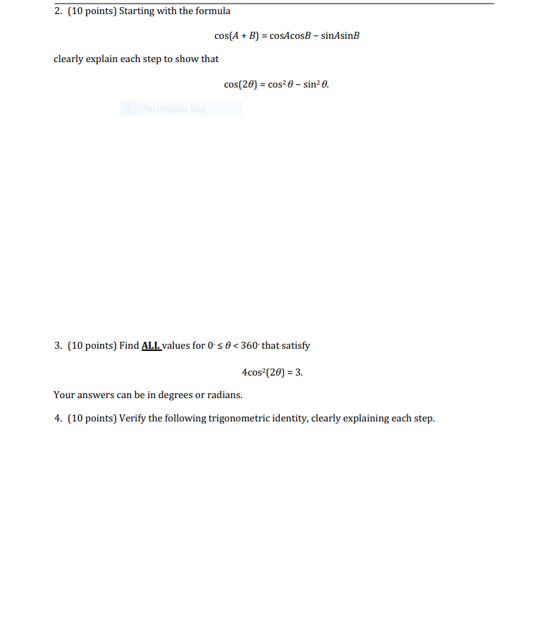 Solved 2. (10 points) Starting with the formula cos(A + B) = | Chegg.com