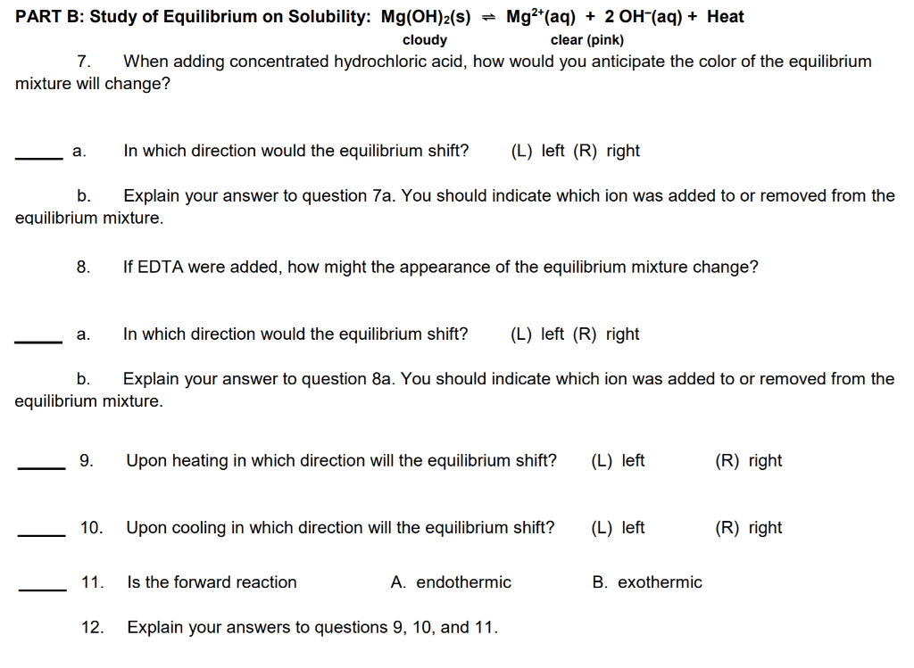 Solved PART B: Study of Equilibrium on Solubility: | Chegg.com