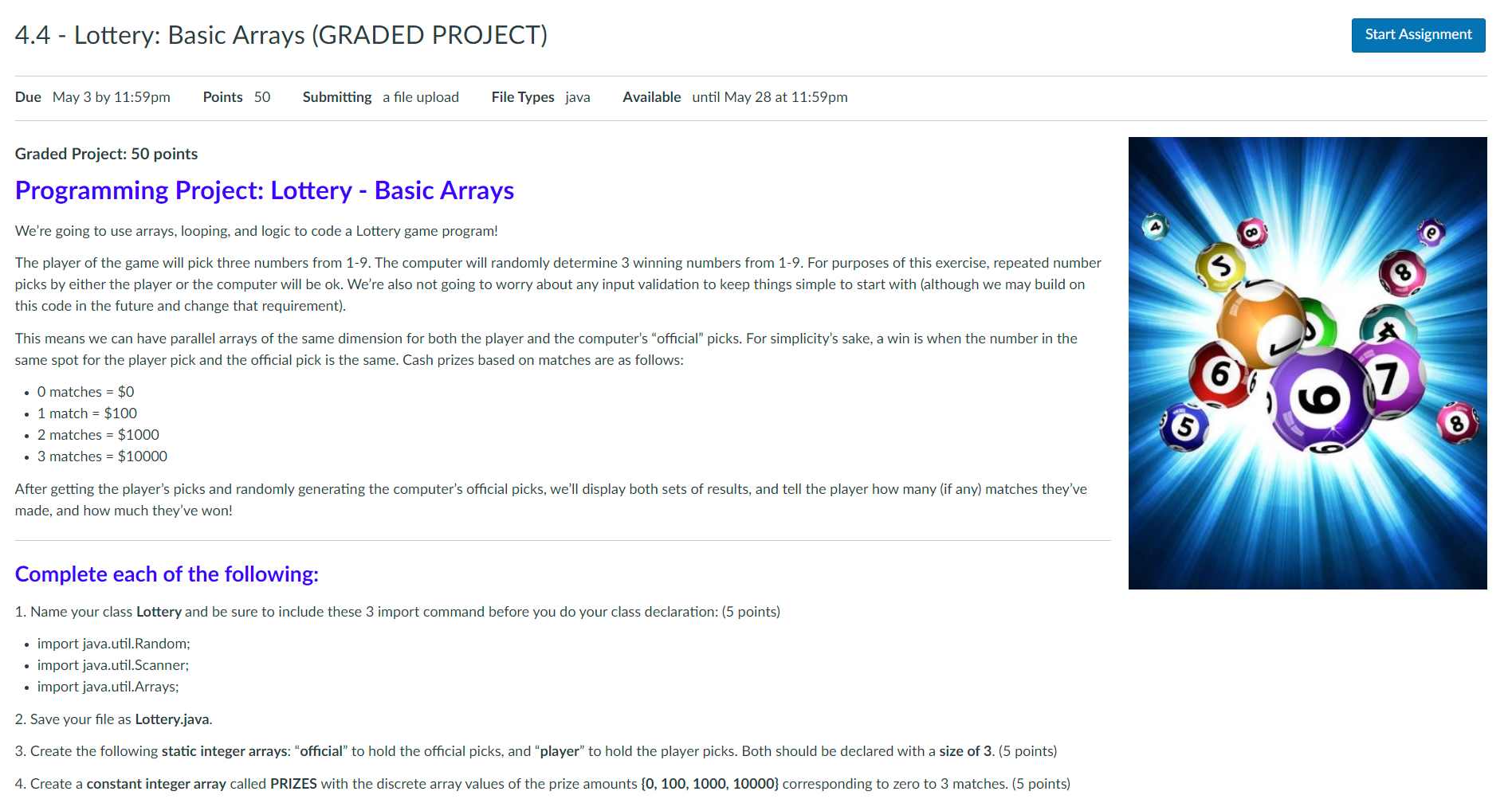 Solved 4.4 - Lottery: Basic Arrays (GRADED PROJECT) Start | Chegg.com