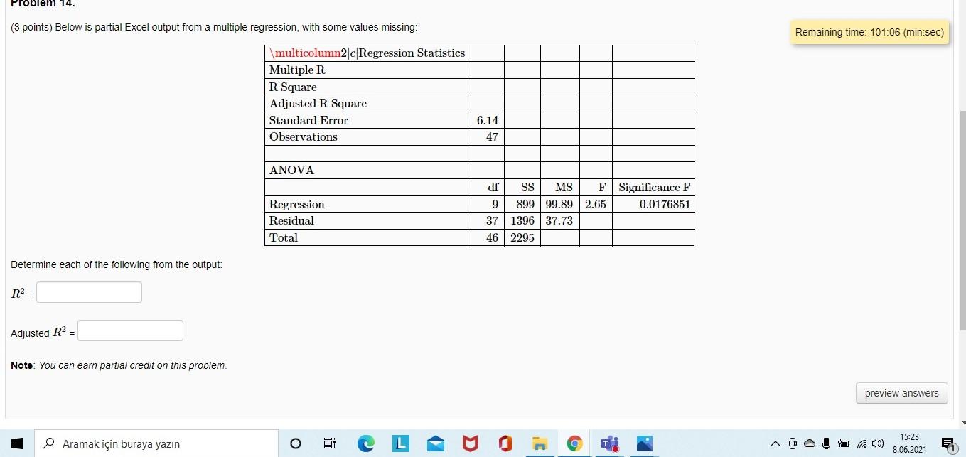 Solved Problem 14. (3 points) Below is partial Excel output | Chegg.com