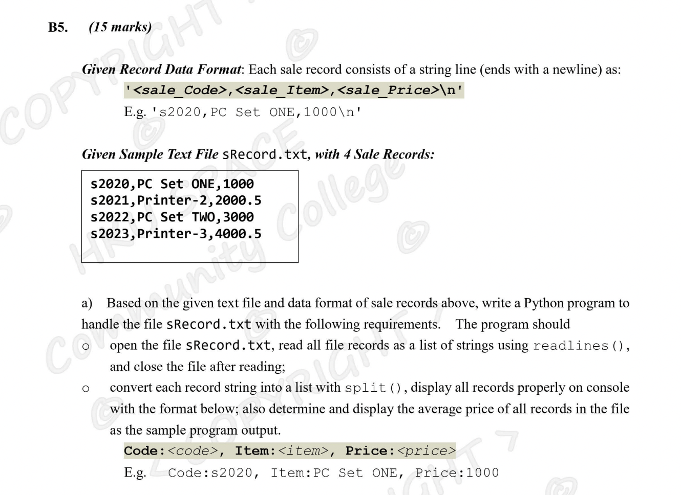Solved B5. (15 marks) CH Given Record Data Format: Each sale | Chegg.com