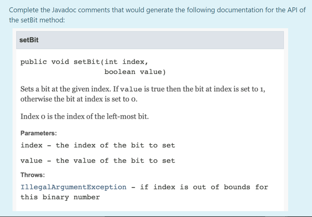 Solved Complete the Javadoc comments that would generate the | Chegg.com