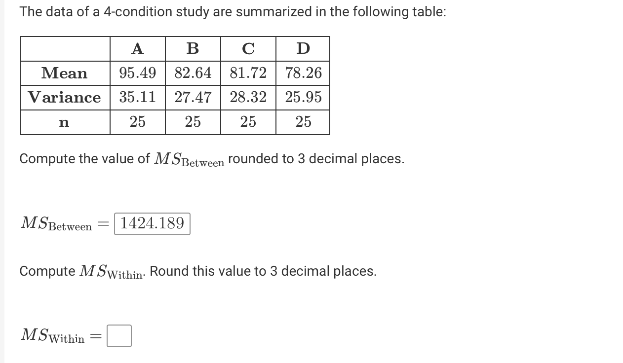 Solved The data of a 4-condition study are summarized in | Chegg.com