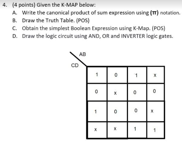 Solved 4. (4 points) Given the K-MAP below: A. Write the | Chegg.com