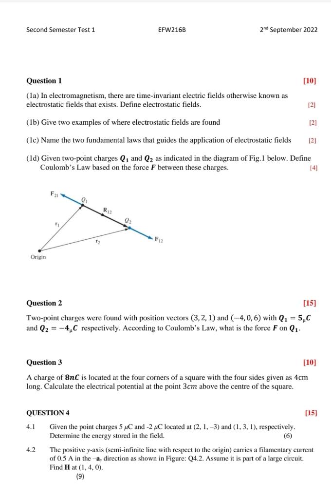 Solved Question 1 [10] (1a) In electromagnetism, there are | Chegg.com