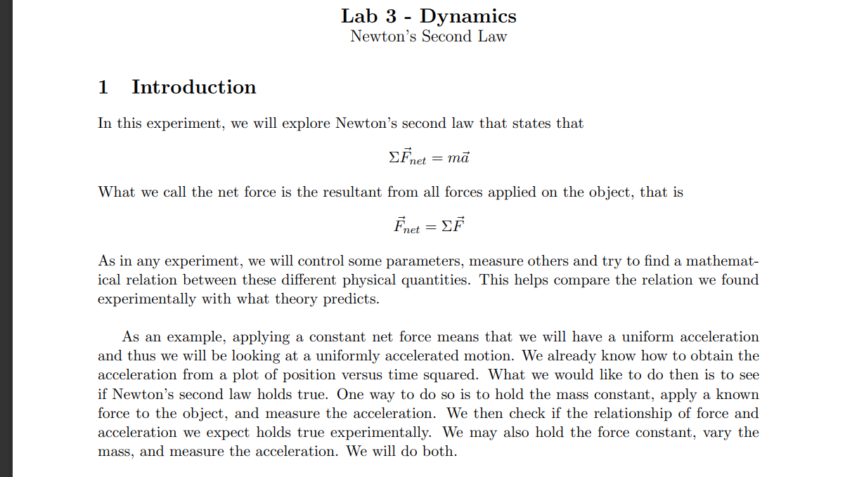 Lab 3 - Dynamics Newton's Second Law 1 Introduction | Chegg.com