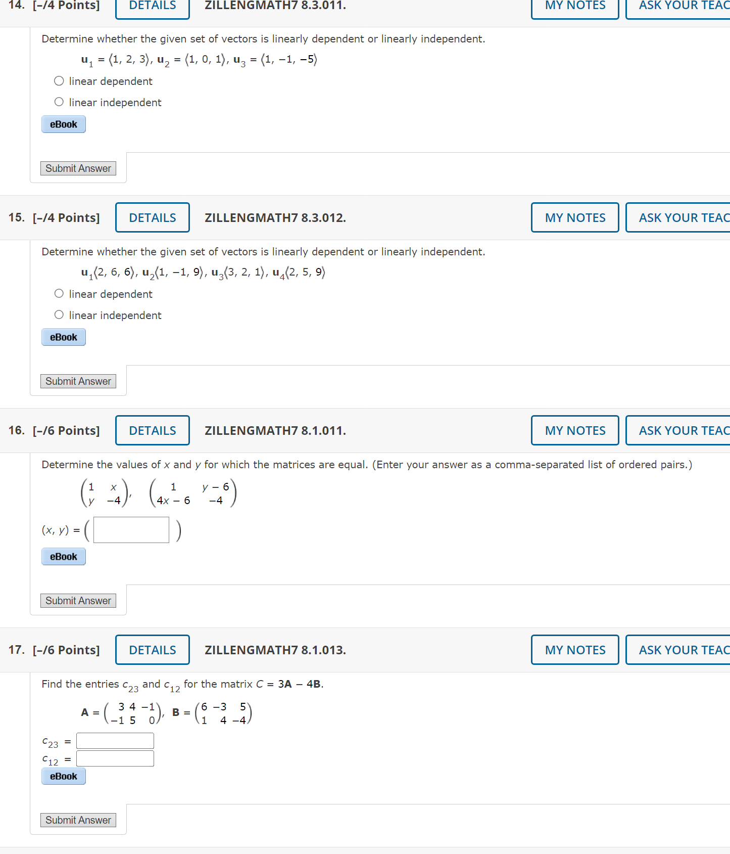 Solved u1= 1,2,3 ,u2= 1,0,1 ,u3= 1,−1,−5 linear dependent | Chegg.com