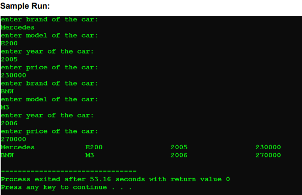 Solved Write a c++ program to display cars entered by the | Chegg.com