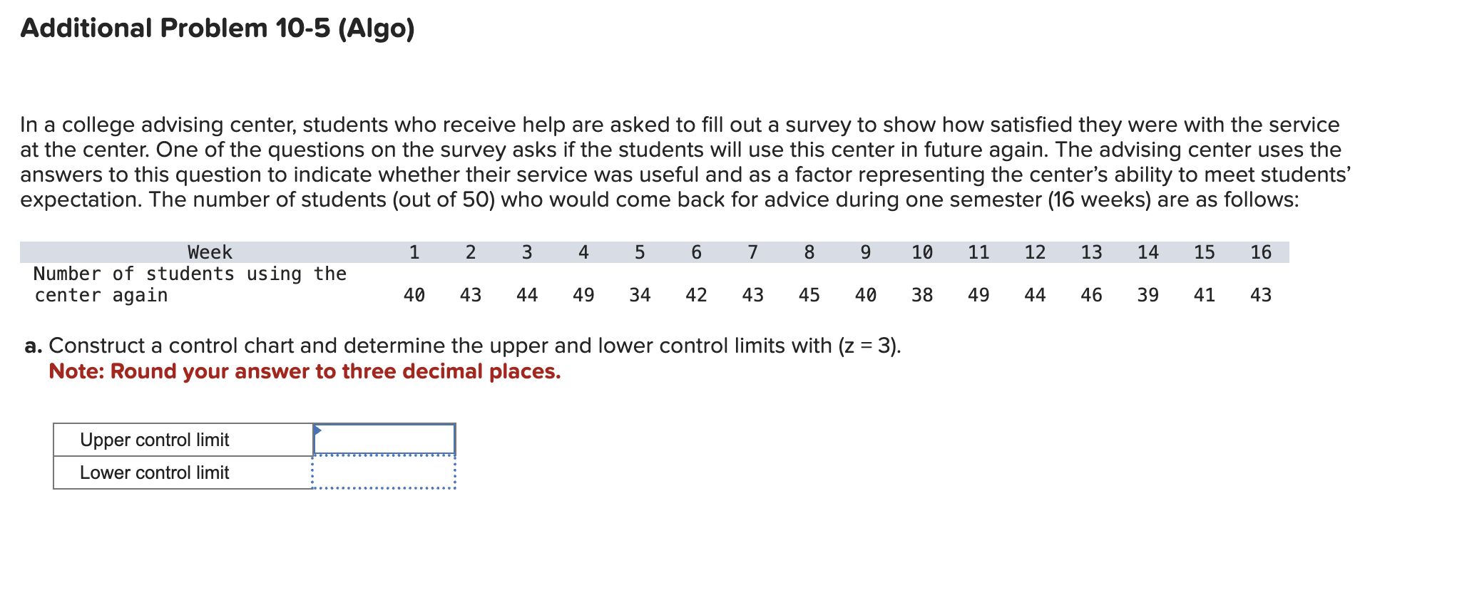 Solved Additional Problem 10-5 (Algo) ﻿In a college advising | Chegg.com