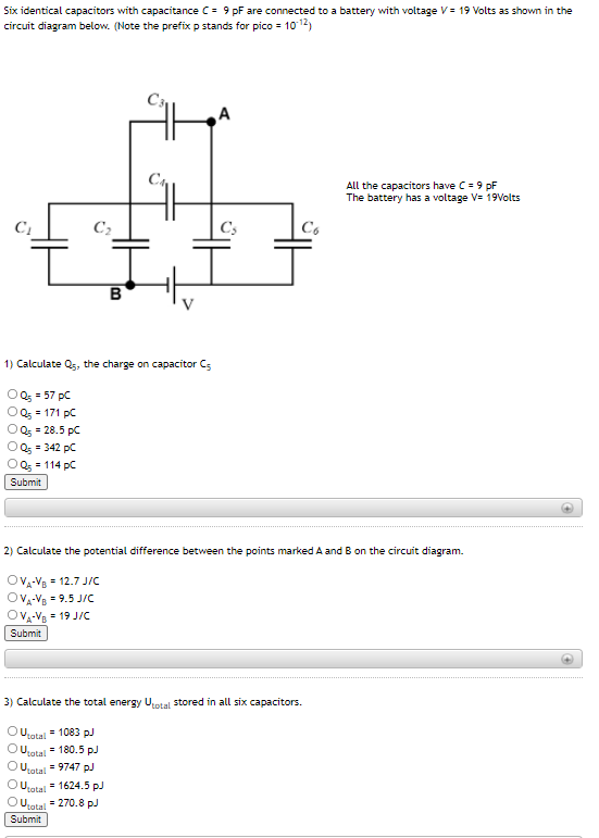 Solved Six identical capacitors with capacitance C = 9pF are | Chegg.com