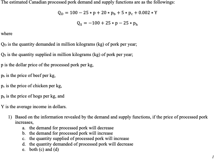 Solved The Estimated Canadian Processed Pork Demand And Chegg