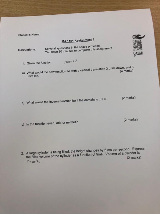 Solved Student's Name MA 1101 COLLEGE Instructions: Solve | Chegg.com