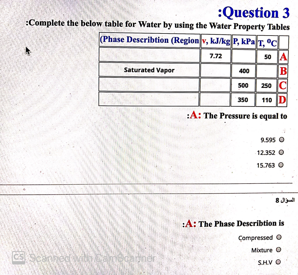Solved :Question 3 :Complete the below table for Water by | Chegg.com