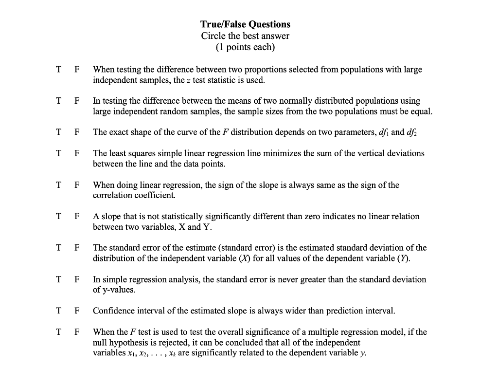 Solved True/False Questions Circle the best answer (1 points | Chegg.com