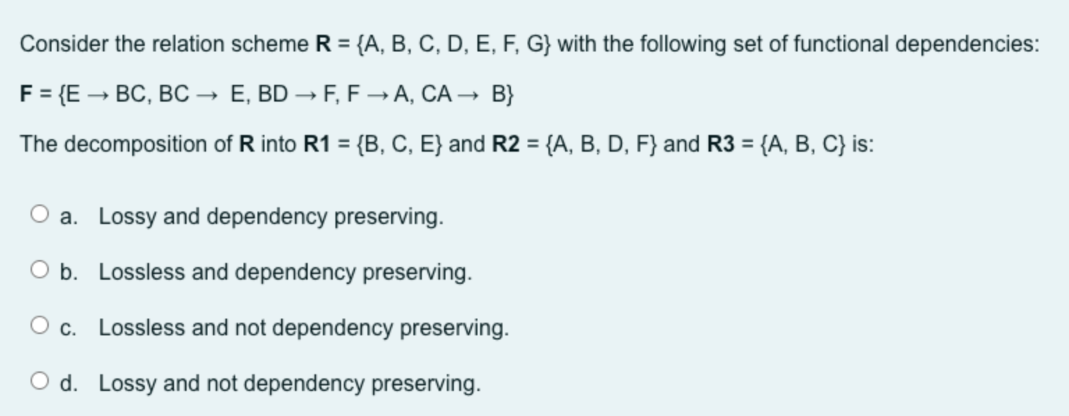 Solved Consider the relation scheme R = {A, B, C, D, E, F, | Chegg.com