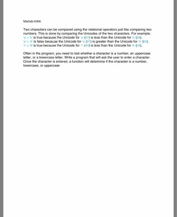 Solved Matlab-HW6 Two characters can be compared using the | Chegg.com