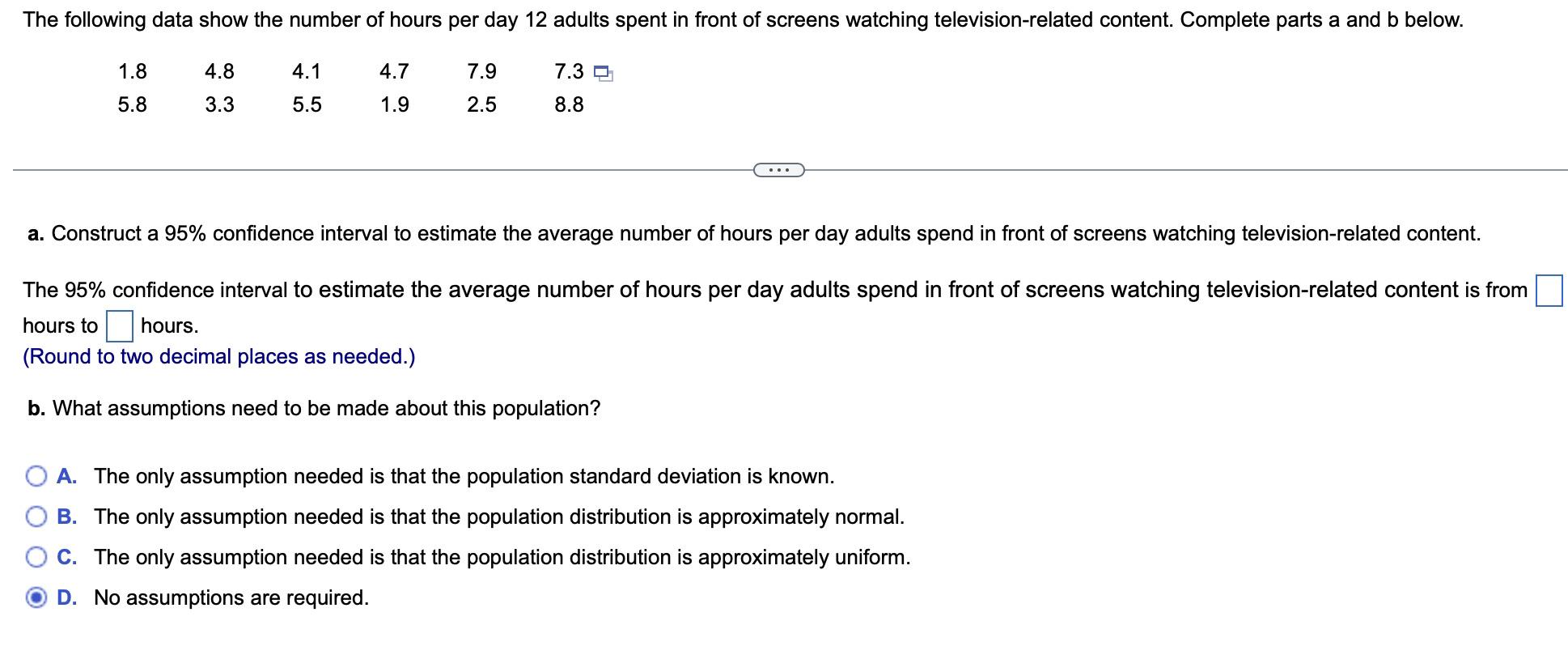 Solved The following data show the number of hours per day | Chegg.com