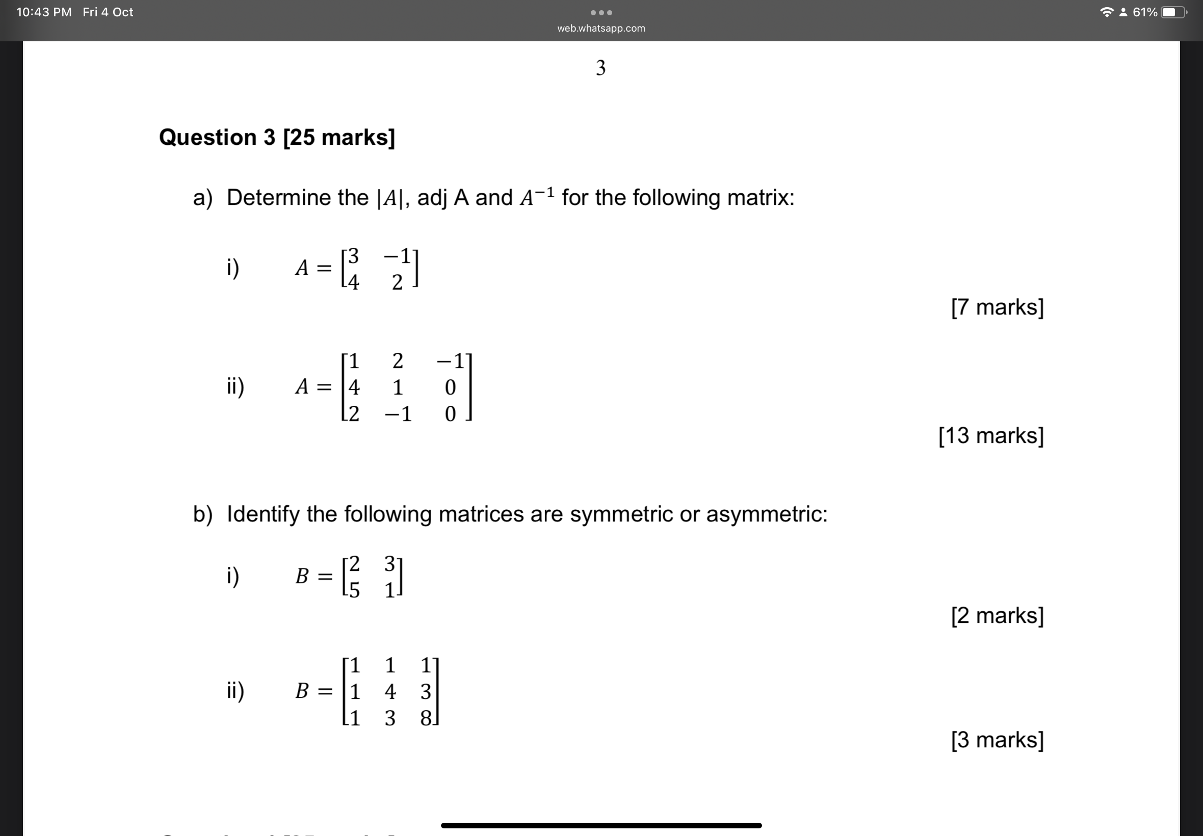 Solved Question marks]a) ﻿Determine the |A|, ﻿adj A and A-1 | Chegg.com