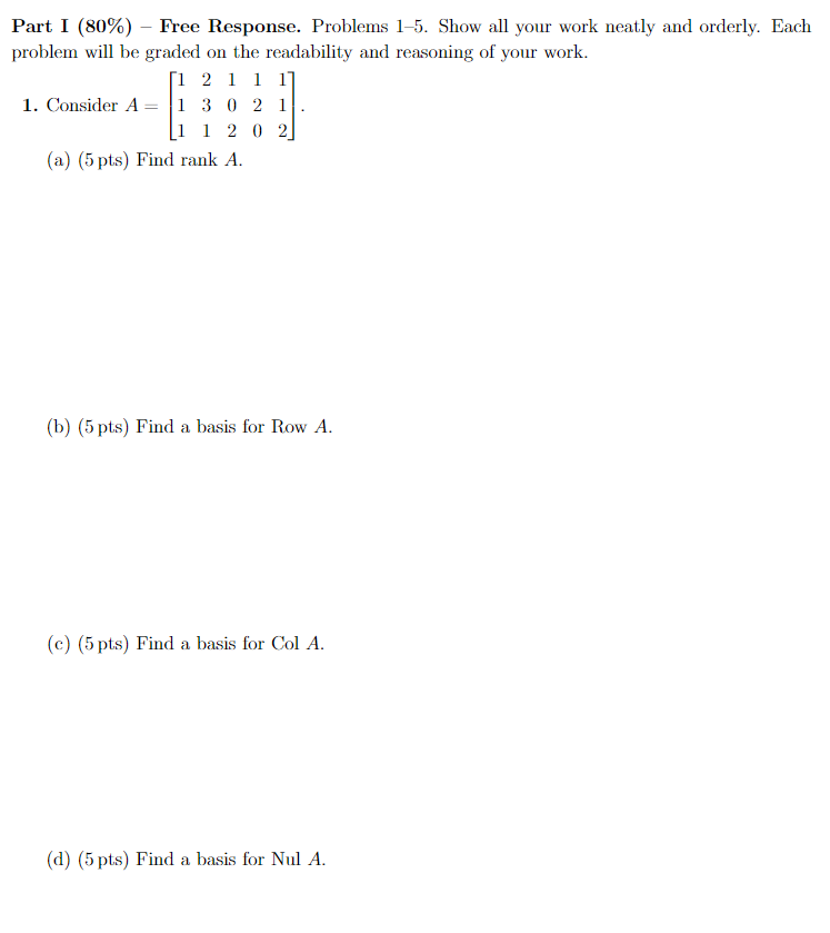 Solved Part I (80\%) - Free Response. Problems 1-5. Show all | Chegg.com