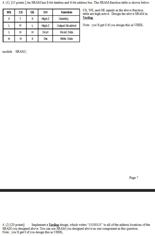 Solved CS OE 4.(1). [15 points ] An SRAM has 8-bit databus | Chegg.com