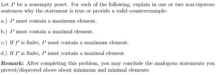Solved Let P be a nonempty poset. For each of the following, | Chegg.com