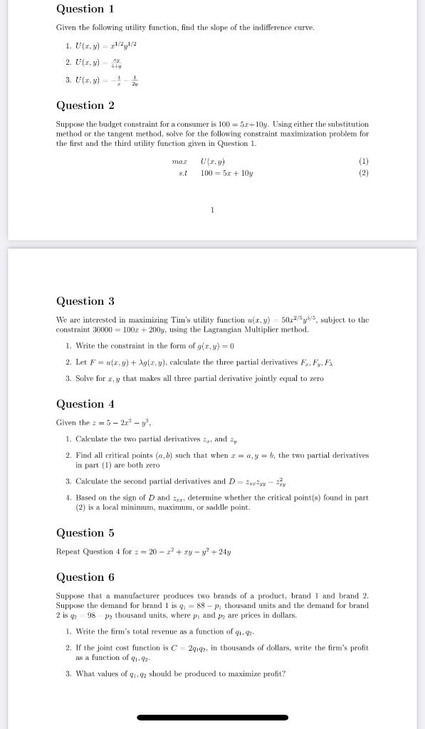 Given the following utility function, find the slope | Chegg.com