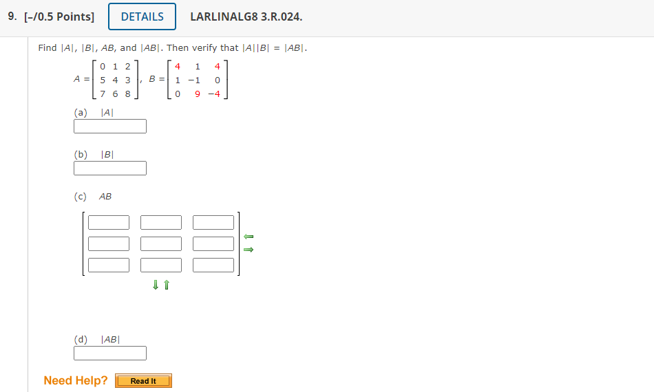 Solved Find ∣A∣,∣B∣,AB, and ∣AB∣. Then verify that | Chegg.com