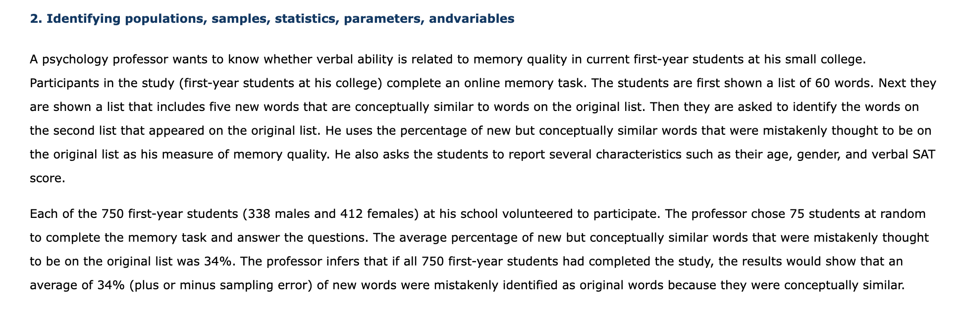 Solved 2. Identifying populations, samples, statistics, | Chegg.com