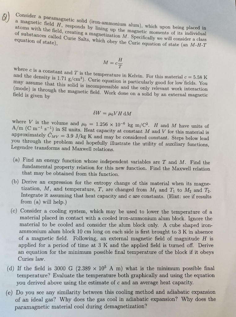 Consider a paramagnetic solid (iron-ammonium alum), | Chegg.com