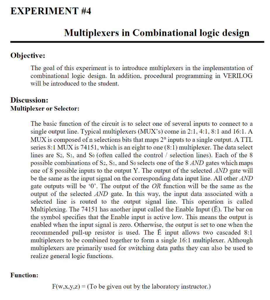 EXPERIMENT #4 Multiplexers in Combinational logic | Chegg.com