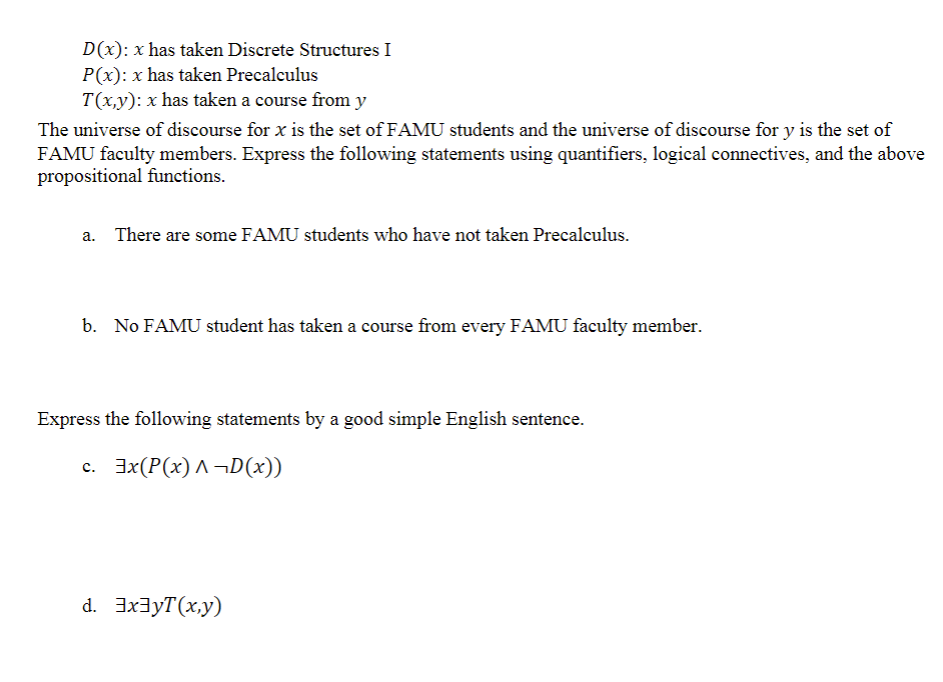 Solved 6.(14 points) Consider the propositional functions | Chegg.com