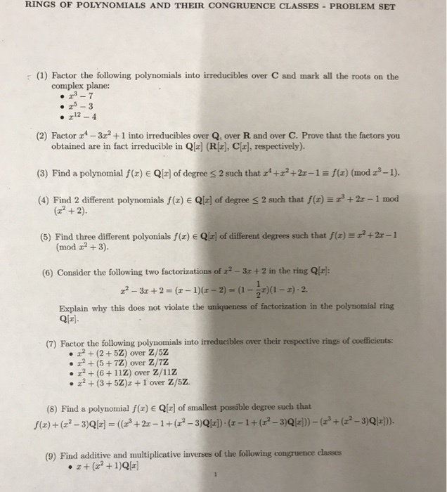 Solved RINGS OF POLYNOMIALS AND THEIR CONGRUENCE | Chegg.com