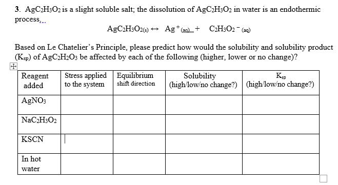 Solved 3. AgC2H3O2 is a slight soluble salt; the dissolution | Chegg.com