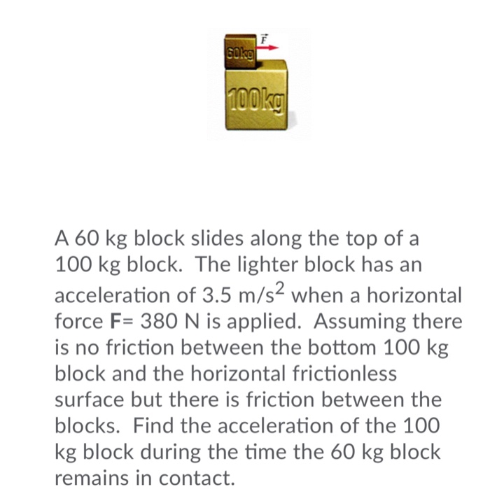 Solved A 60 kg block slides along the top of a 100 kg block. | Chegg.com