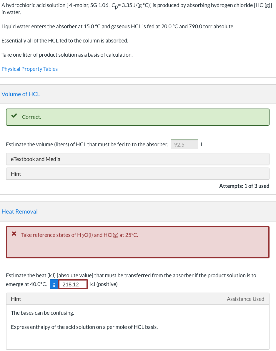Solved A hydrochloric acid solution [ 4 -molar, SG 1.06, Cp= | Chegg.com
