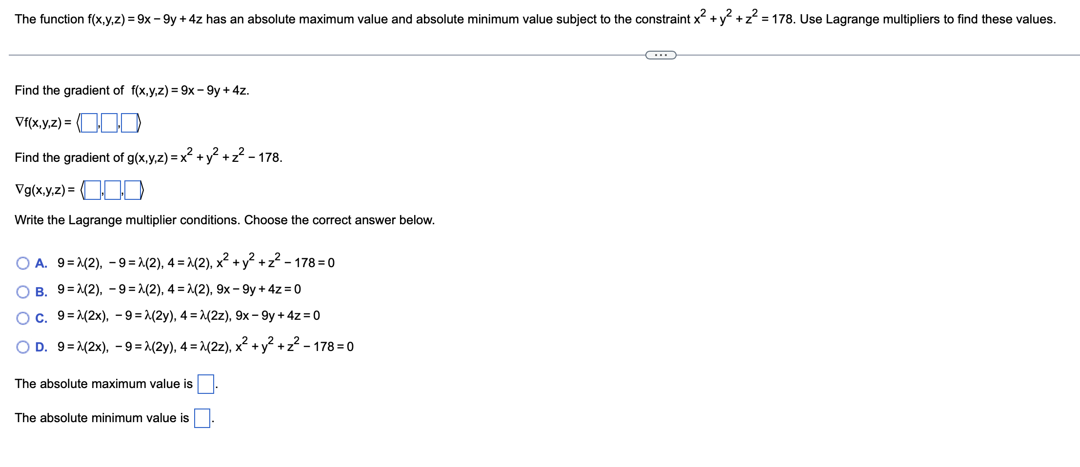 Solved The Function F X Y Z 9x−9y 4z Has An Absolute