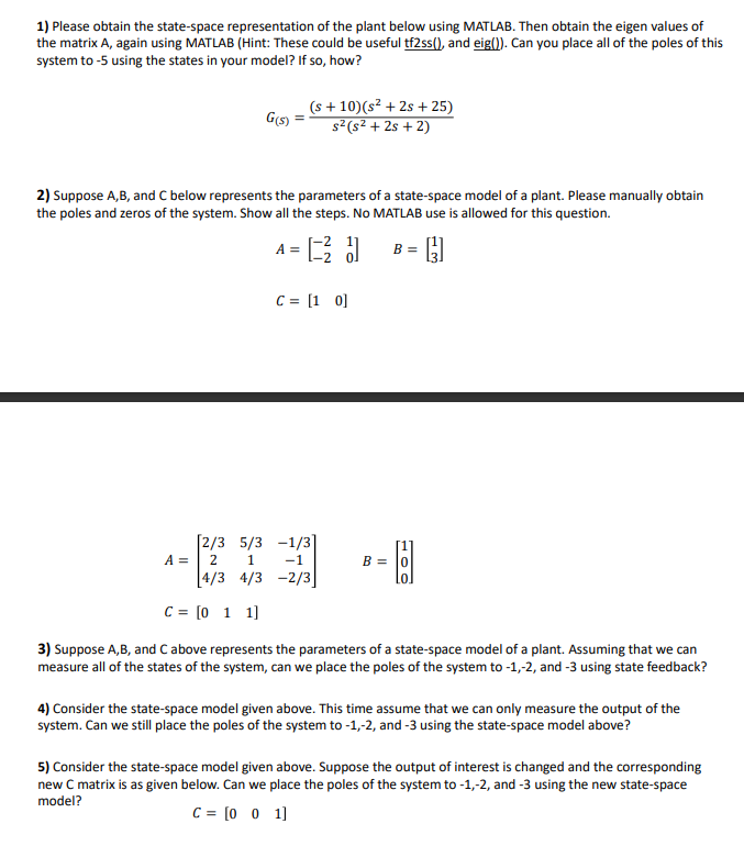 Solved 1) Please obtain the state-space representation of | Chegg.com