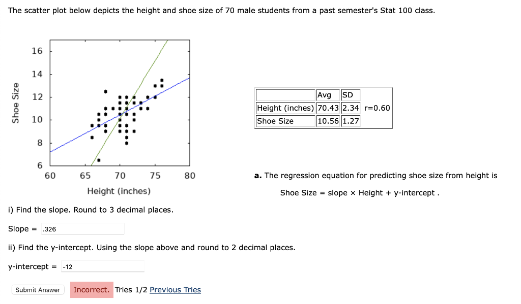 Solved The scatter plot below depicts the height and shoe | Chegg.com