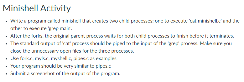 Solved Minishell Activity • Write a program called minishell | Chegg.com