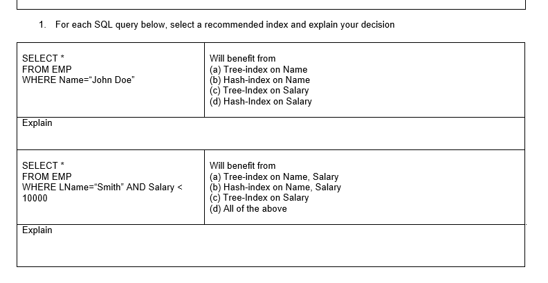 Solved 1. For each SQL query below, select a recommended | Chegg.com