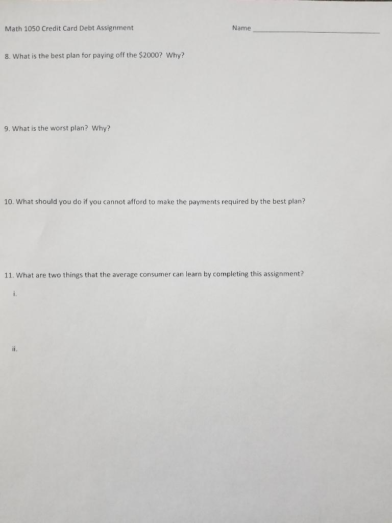Solved Math 1050 Credit Card Debt Assignment You have | Chegg.com